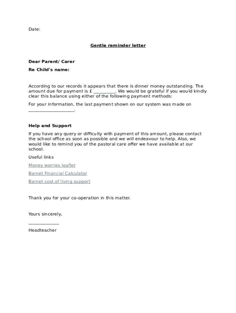 Gentle Reminder Letter Doc Template | pdfFiller