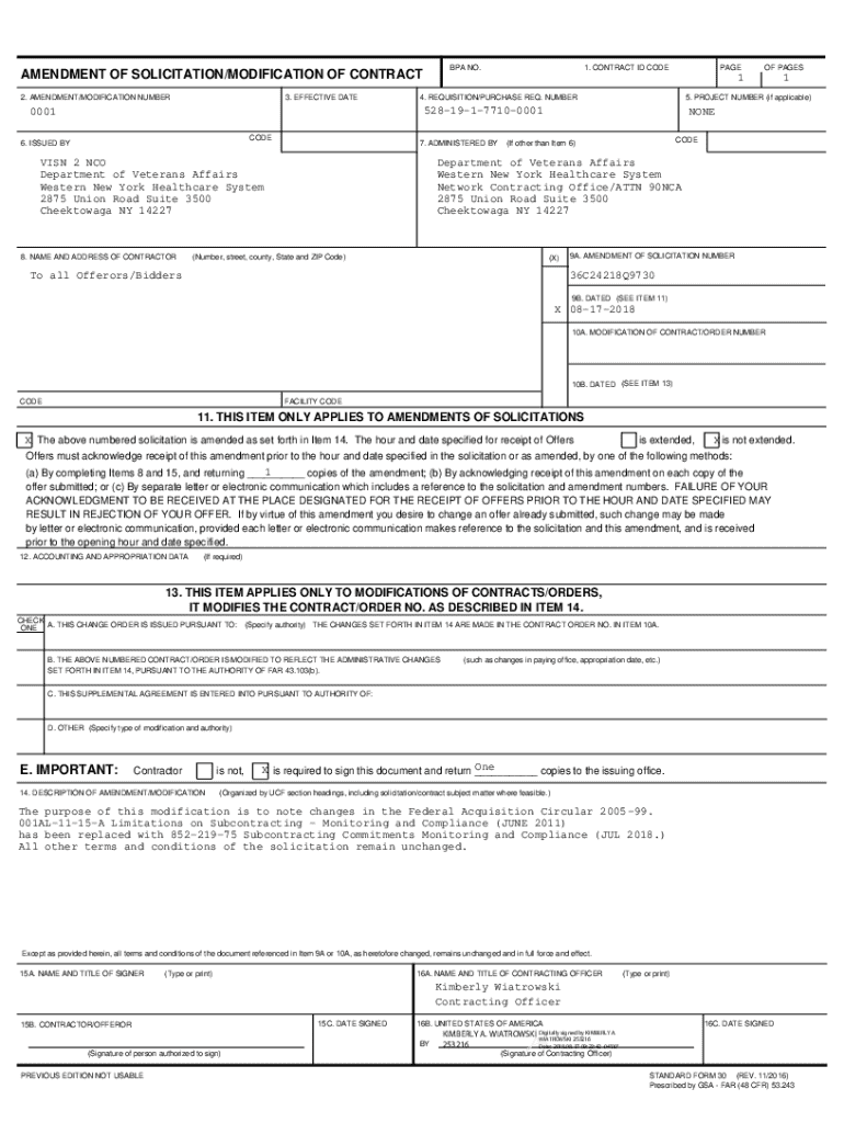 Fillable Online Amendment of Solicitation/modification of Contract Fax Email Print - pdfFiller