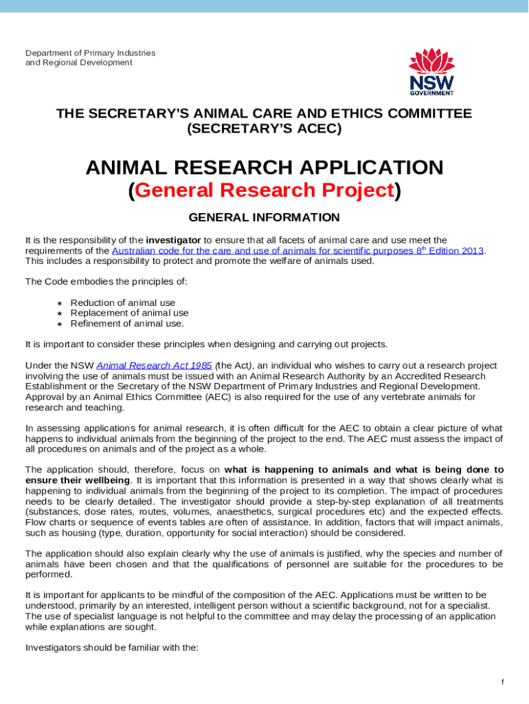 Animal Research Application (general Research Project) Doc Template | pdfFiller