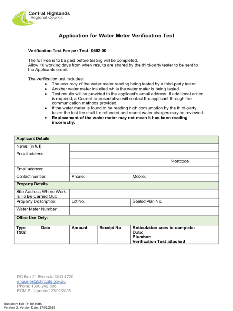 Fillable Online Water Meter Verification Test Application Fax Email ...