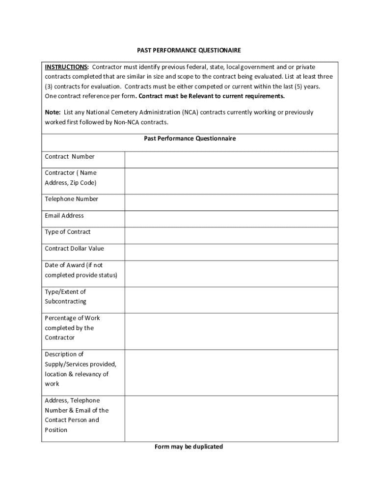 Fillable Online Past Performance Questionnaire Fax Email Print - pdfFiller