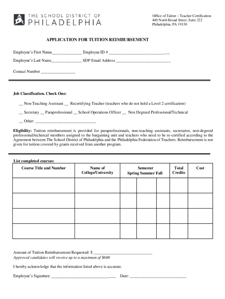 Fillable Online Tuition Reimbursement Application Fax Email Print ...