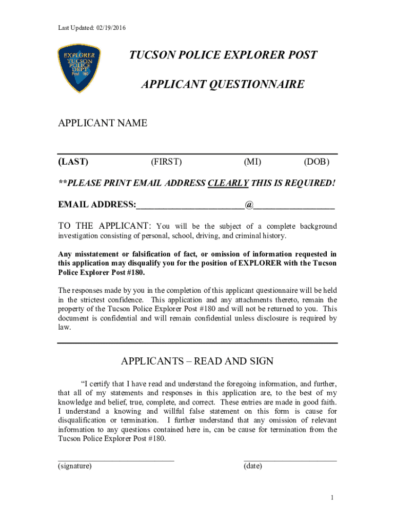 Fillable Online Applicant Questionnaire for Tucson Police Explorer Post ...