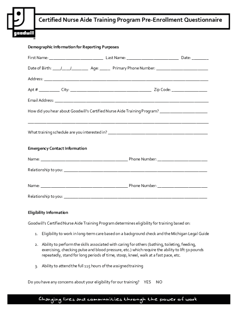 Fillable Online Certified Nurse Aide Training Program Pre-enrollment ...