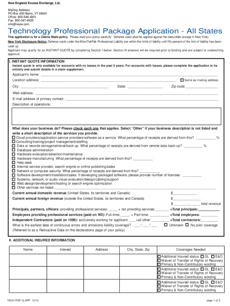 Fillable Online Technology Professional Package Application - All ...