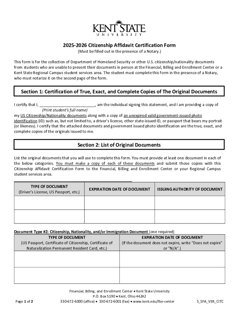 Fillable Online Citizenship Affidavit Certification for Students Fax ...
