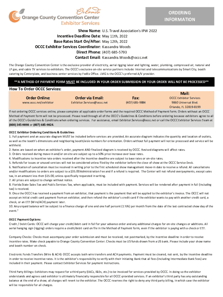 Fillable Online Occc Exhibitor Services Method of Payment Fax Email ...