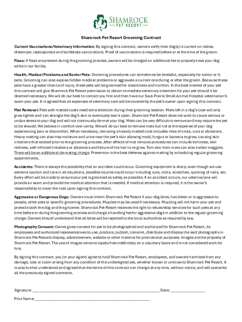 Fillable Online Grooming Contract for Pets Fax Email Print - pdfFiller