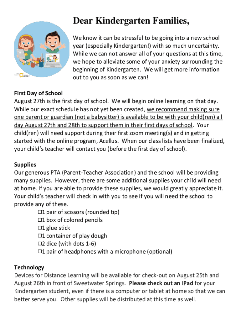 Fillable Online Welcome to Kindergarten: Important Information for ...