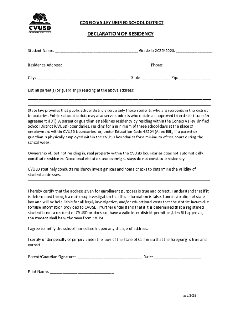 Fillable Online Conejo Valley Unified School District Declaration of ...