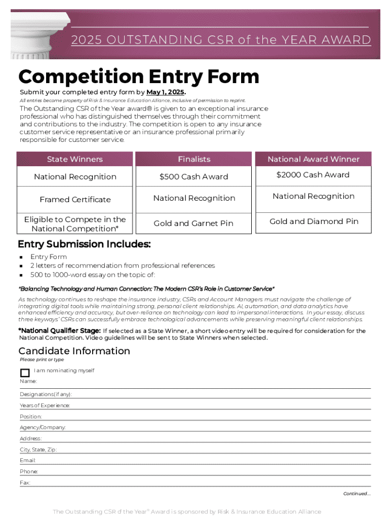 Fillable Online Competition Entry Form for the Outstanding Csr of the Year Award Fax Email Print ...