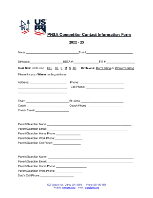 Fillable Online Pnsa Competitor Contact Information Form Fax Email ...