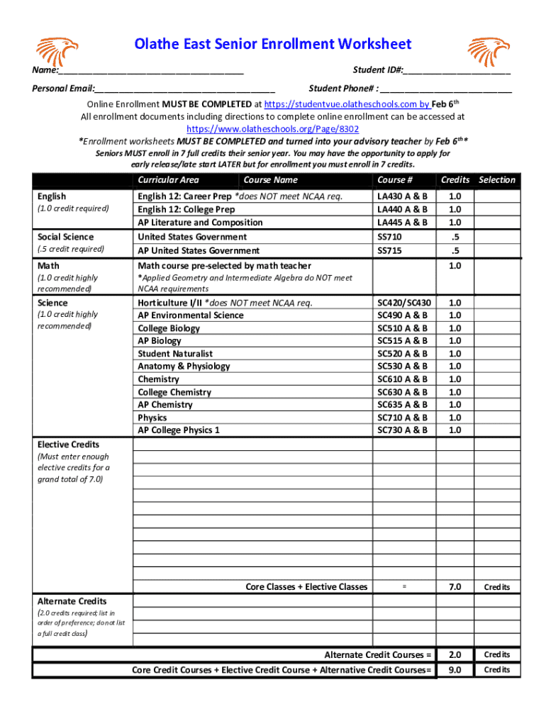 Fillable Online Senior Enrollment Worksheet Fax Email Print - pdfFiller