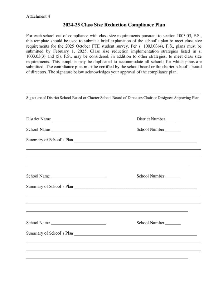 Fillable Online Class Size Reduction Compliance Plan Submission Fax ...