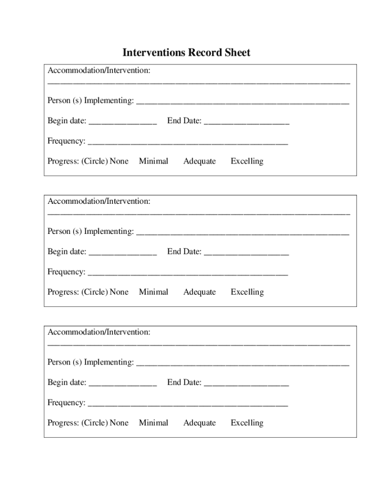 Fillable Online Interventions Record Sheet Fax Email Print - pdfFiller