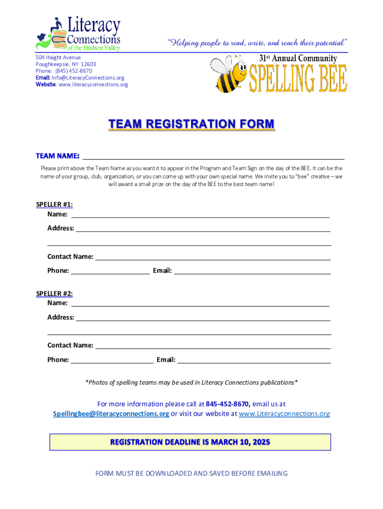 Fillable Online Spelling Bee Team Registration Fax Email Print - pdfFiller