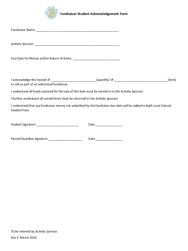 Fillable Online Fundraiser Student Acknowledgement Form Fax Email Print ...