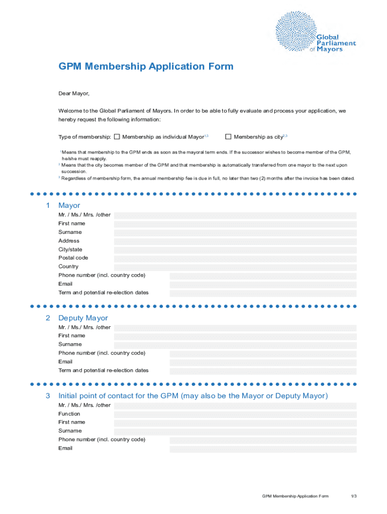 Fillable Online Global Parliament of Mayors Membership Application Fax ...
