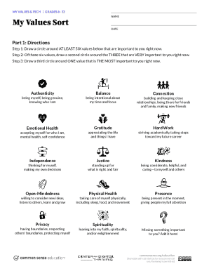 Fillable Online My Values Sort for Grades 6–12 Fax Email Print - pdfFiller