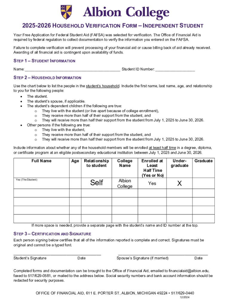 Fillable Online Household Verification Form for Independent Student Fax ...