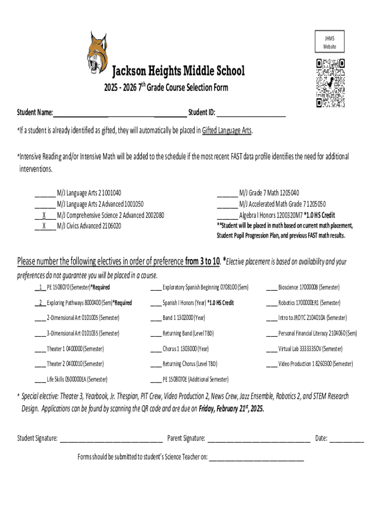 Fillable Online 7th Grade Course Selection Fax Email Print - pdfFiller