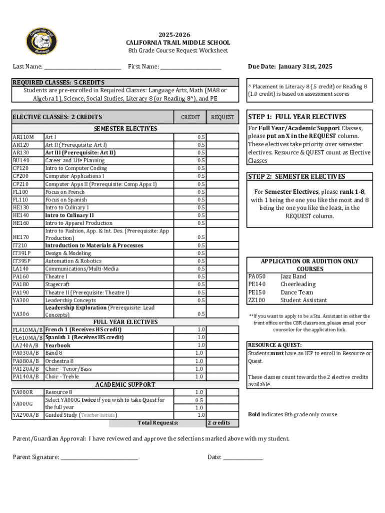 Fillable Online 8th Grade Course Request Worksheet Fax Email Print ...