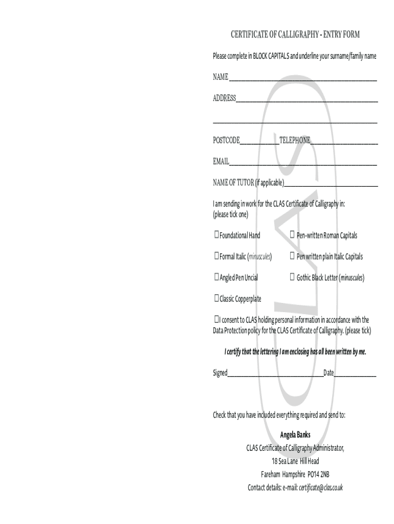 Fillable Online Certificate of Calligraphy Entry Form Fax Email Print ...