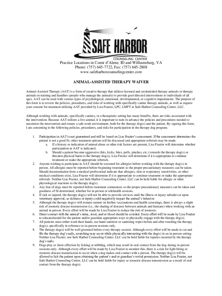 Fillable Online Animal-assisted Therapy Waiver for Safe Harbor Counseling Center Fax Email Print ...