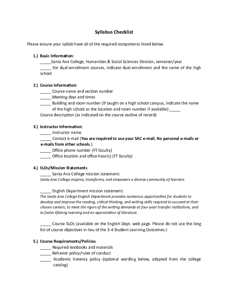 Fillable Online Syllabus Checklist for Santa Ana College Fax Email ...