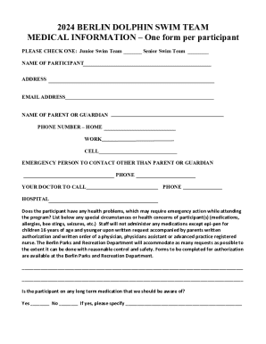 Fillable Online Medical Information Form for Swim Team Participants Fax ...