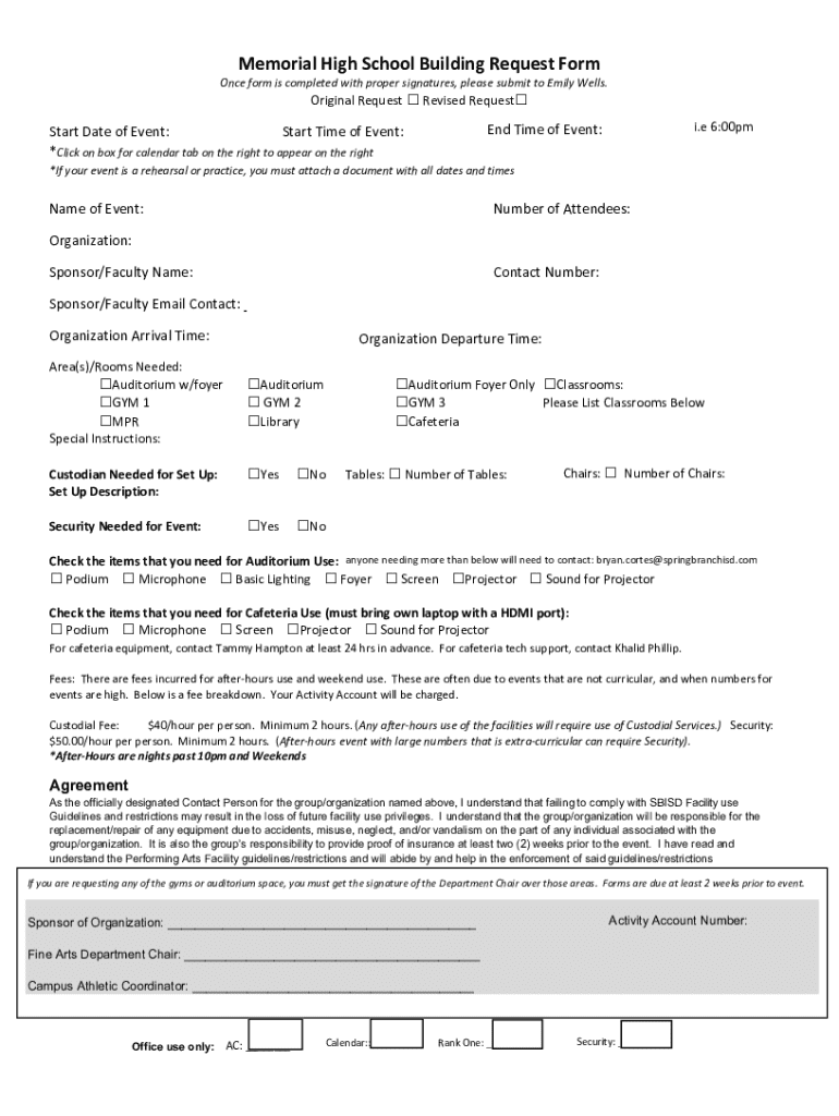 Fillable Online Memorial High School Building Request Form Fax Email ...