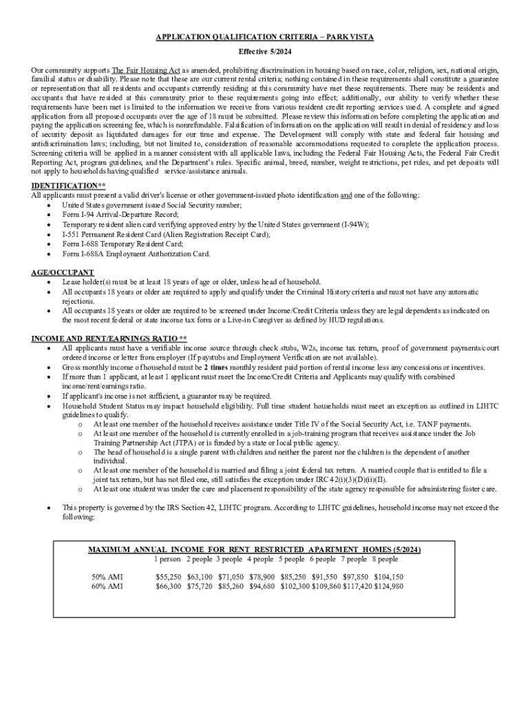 Fillable Online Application Qualification Criteria for Park Vista Apartments Fax Email Print ...