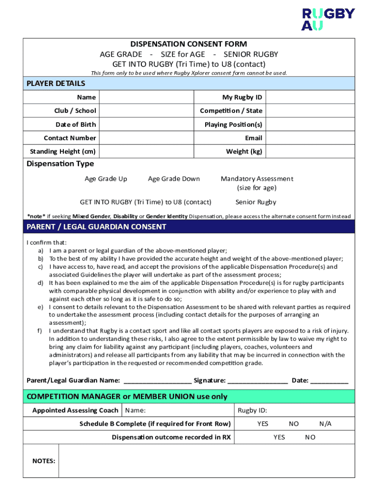 Fillable Online Dispensation Consent Form for Rugby Participants Fax ...
