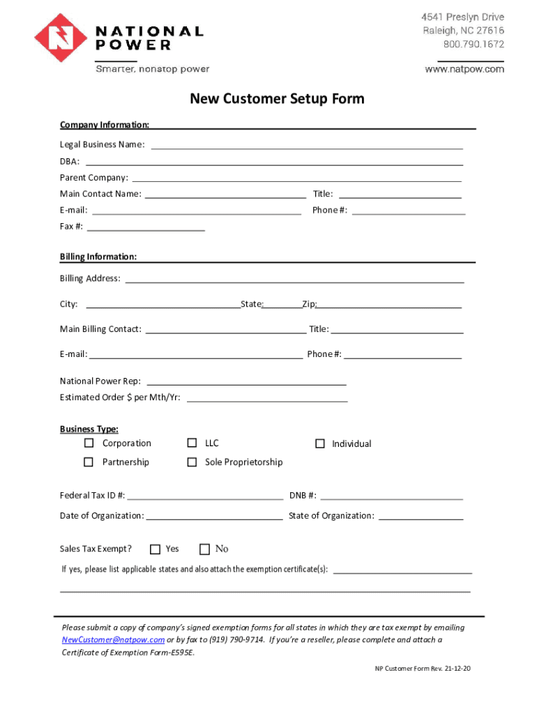 Fillable Online New Customer Setup Form Fax Email Print - pdfFiller