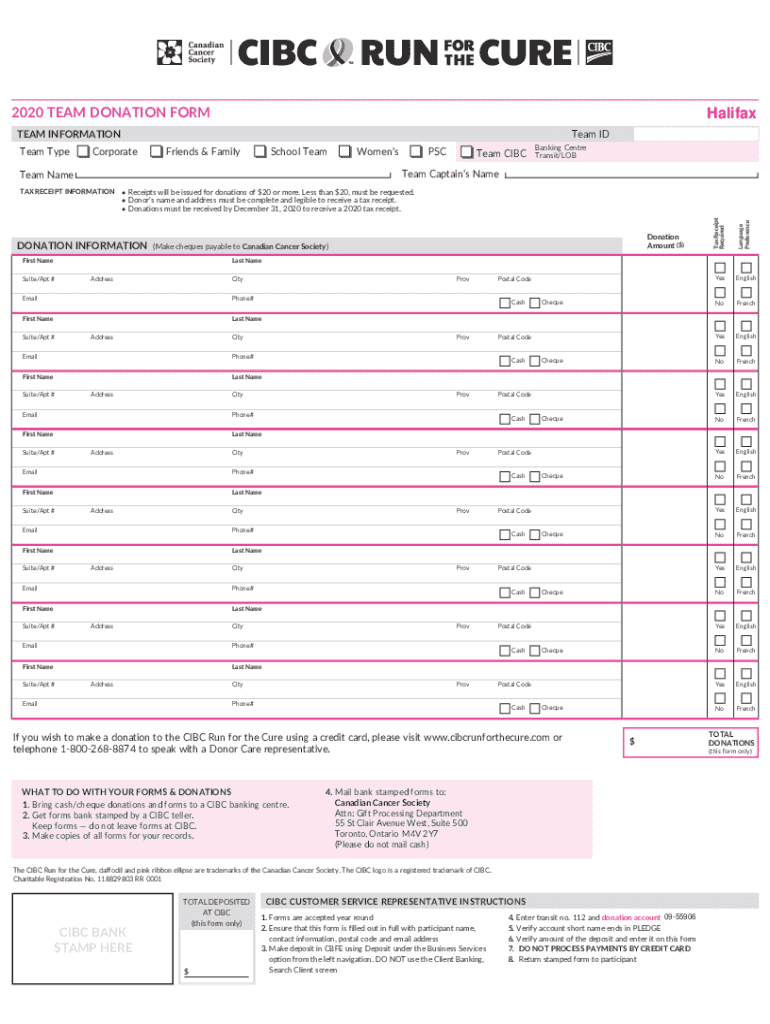 Fillable Online 2020 Team Donation Form for Cibc Run for the Cure Fax Email Print - pdfFiller