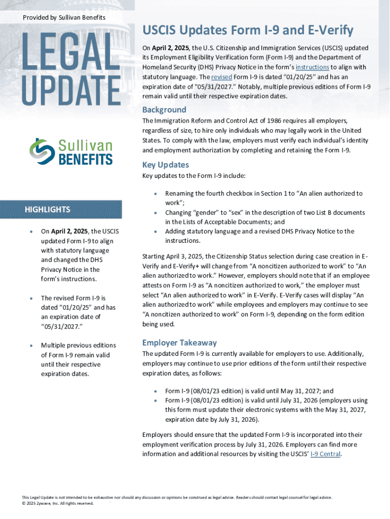 Fillable Online Uscis Updates Employment Eligibility Verification (form ...