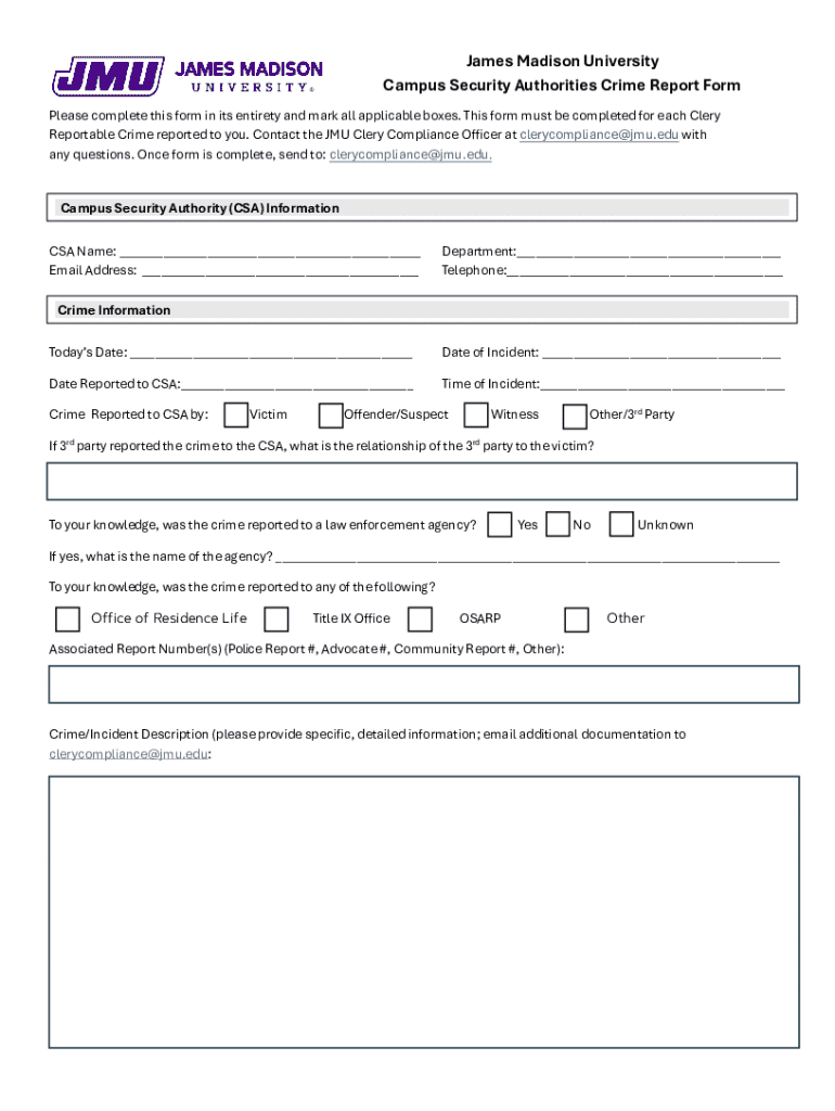 Fillable Online Campus Security Authorities Crime Report Form Fax Email ...