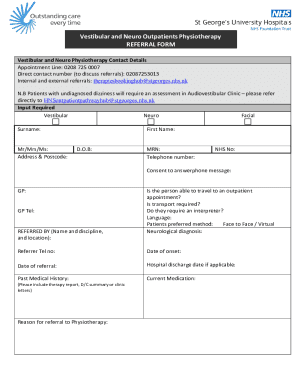 Fillable Online Vestibular and Neuro Physiotherapy Referral Form Fax ...