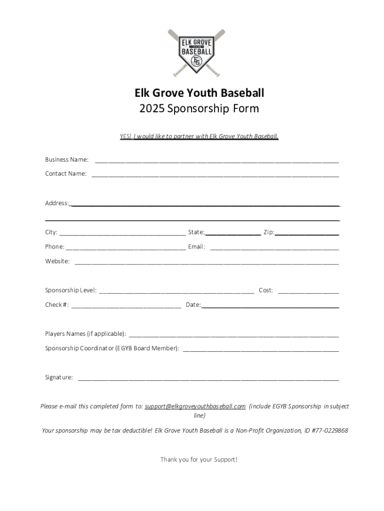 Fillable Online Elk Grove Youth Baseball Sponsorship Form Fax Email ...