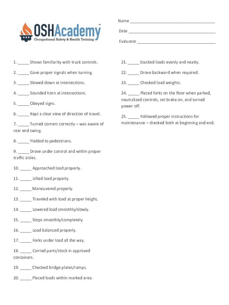 Fillable Online Forklift Operator Evaluation Checklist Fax Email Print ...