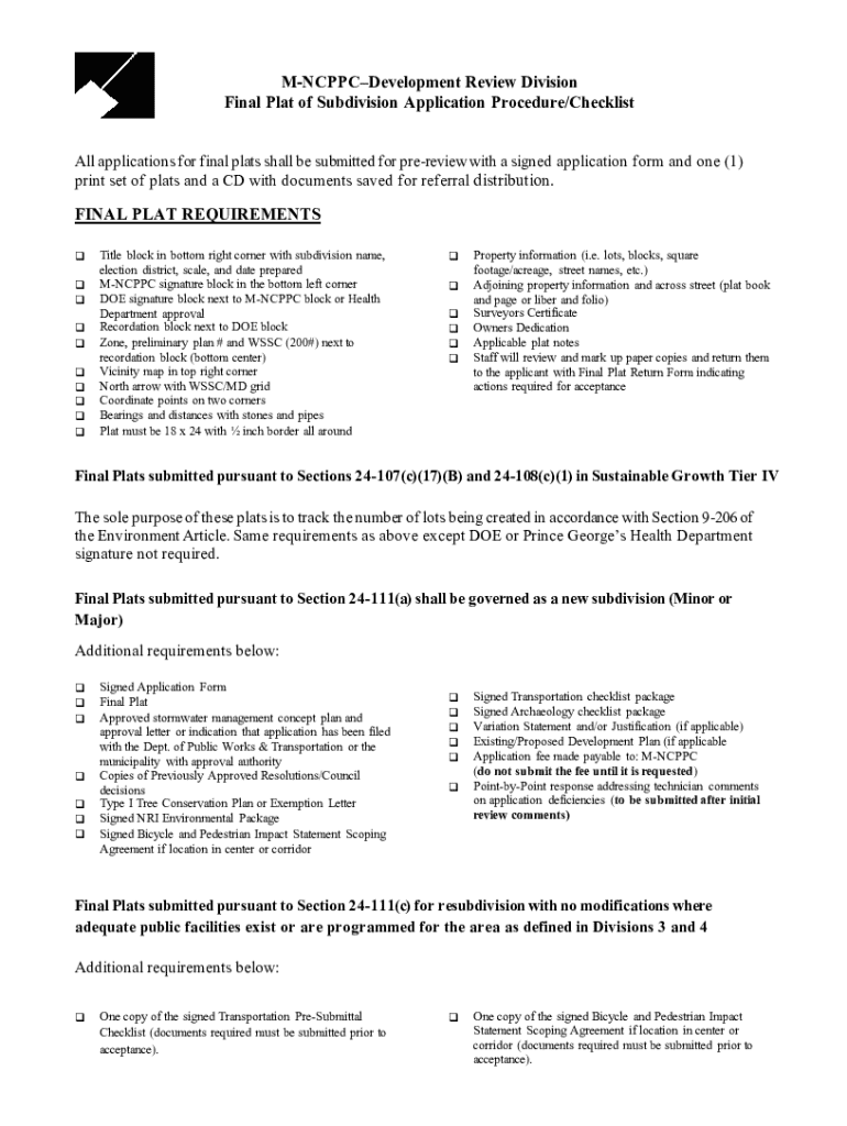 Fillable Online Final Plat of Subdivision Application Checklist Fax ...
