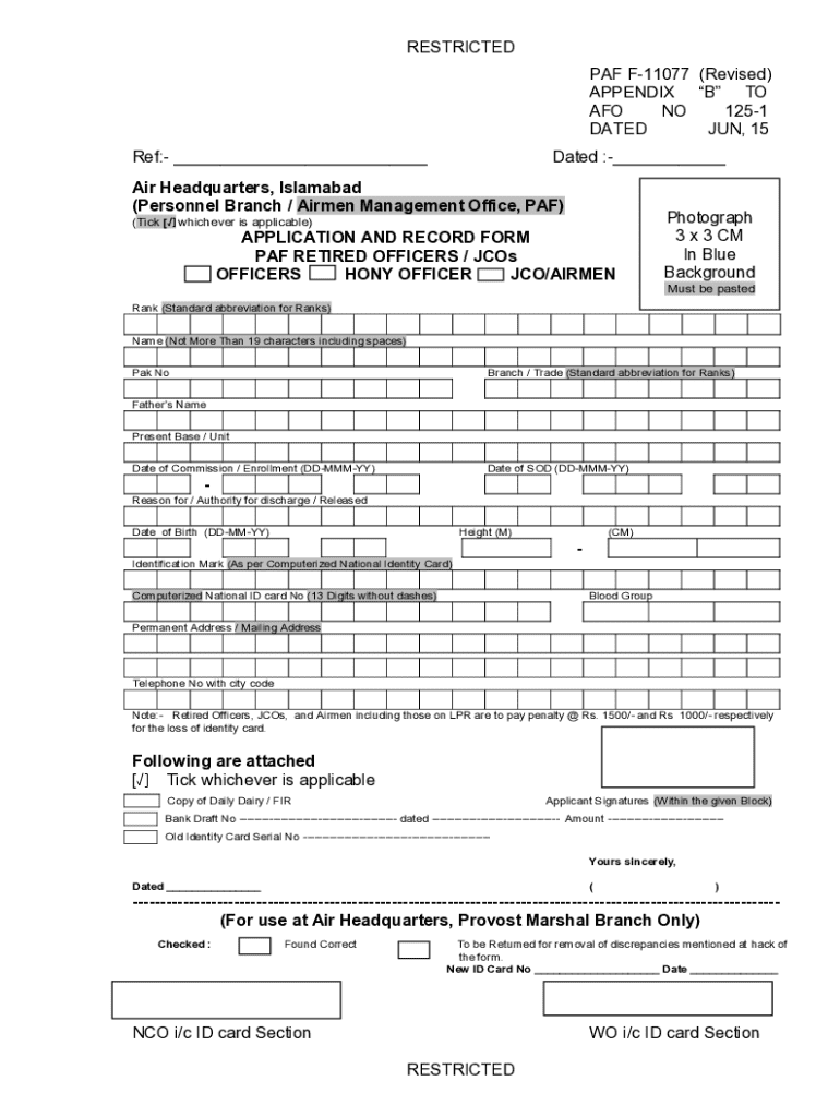 Fillable Online Application and Record Form for Paf Retired Officers ...