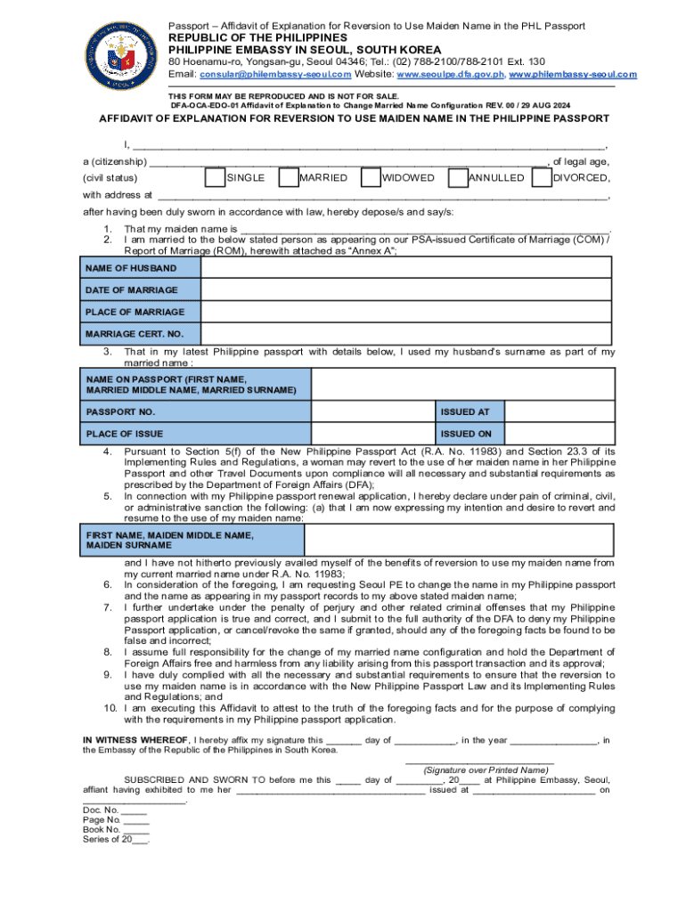 Fillable Online Affidavit of Explanation for Reversion to Use Maiden ...