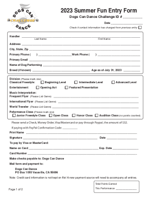 Fillable Online Summer Fun Entry Form for Dogs Can Dance Challenge Fax ...