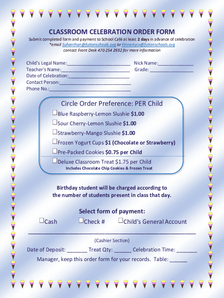 Fillable Online Classroom Celebration Order Form Fax Email Print - pdfFiller