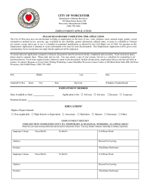 Fillable Online City of Worcester Employment Application Fax Email ...