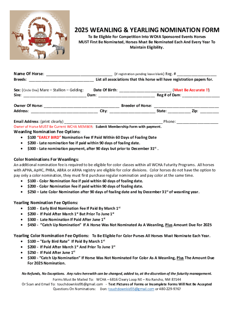 Fillable Online 2025 Weanling & Yearling Nomination Form Fax Email ...