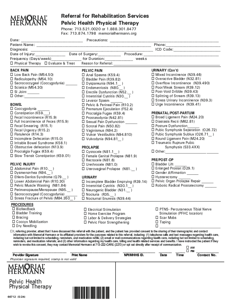 Fillable Online Pelvic Health Physical Therapy Referral Fax Email Print ...