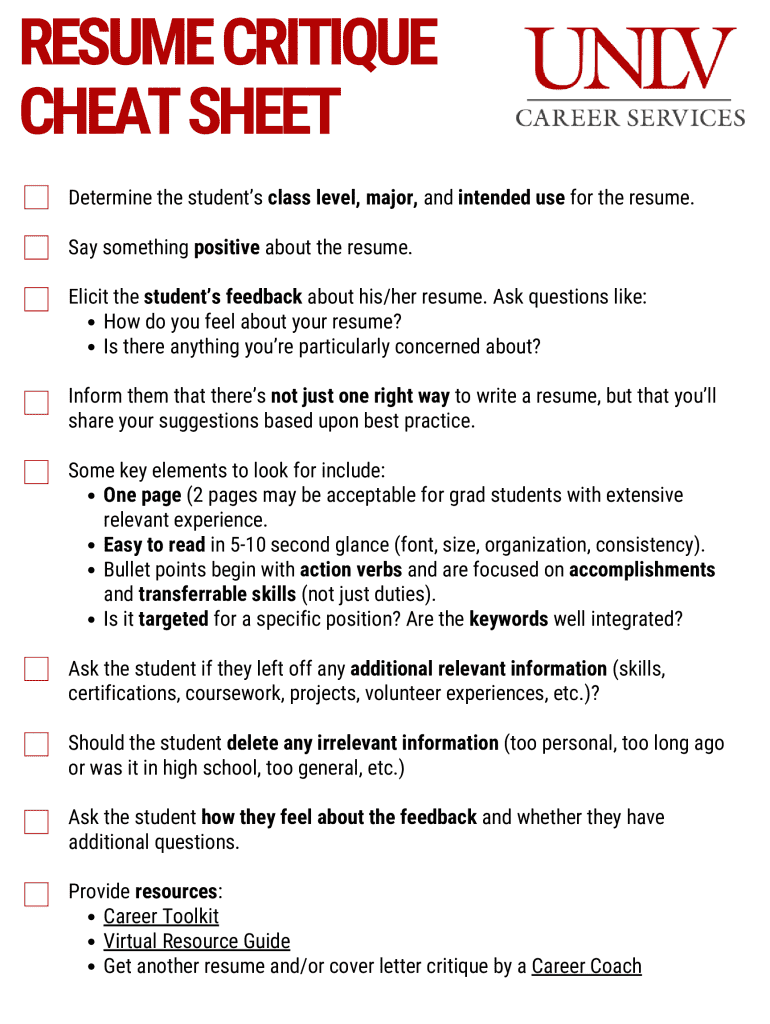 Fillable Online Resume Critique Cheatsheet Fax Email Print - pdfFiller