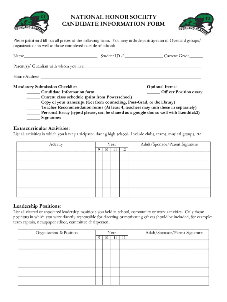 Fillable Online National Honor Society Candidate Information Form Fax Email Print - pdfFiller